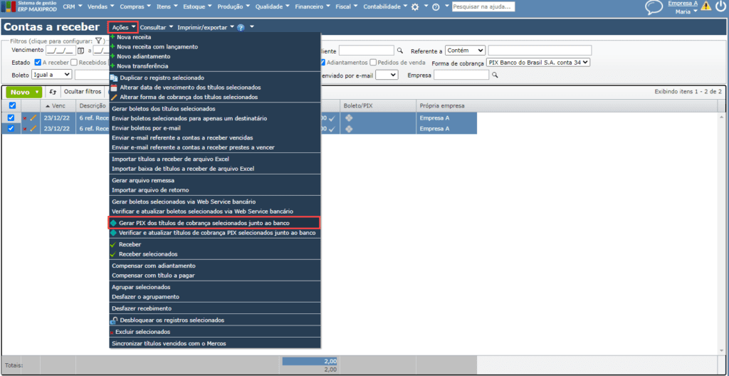 Funcionalidade PIX do ERP MAXIPROD
